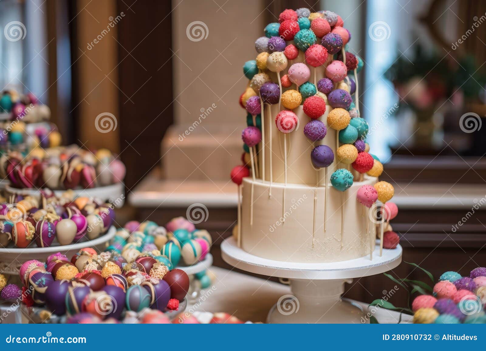 Decorated Cake Pop Tower with Different Colored Pops and Cascading ...