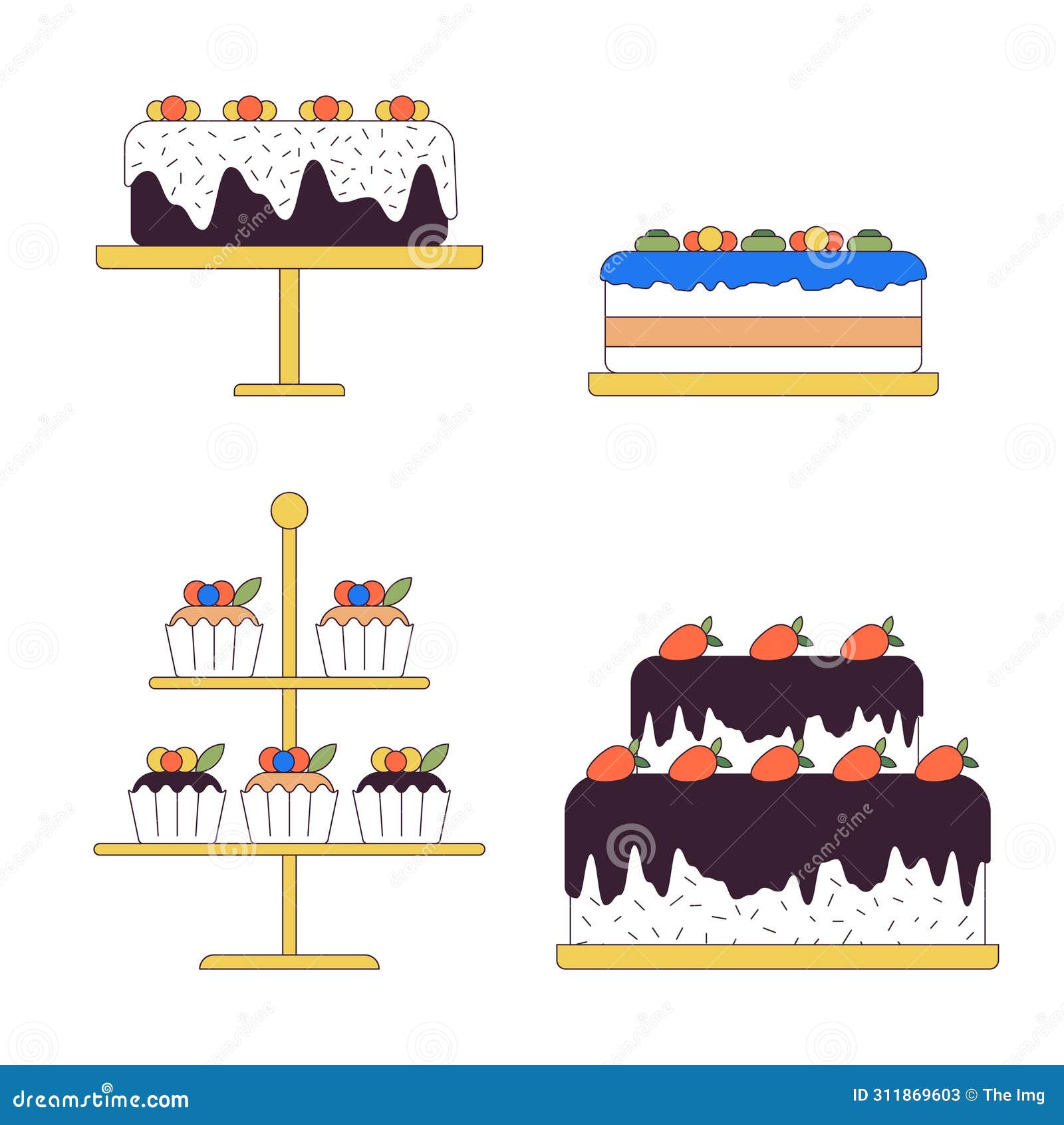 Decorated Cakes on Stands 2D Linear Cartoon Objects Set Stock Vector ...