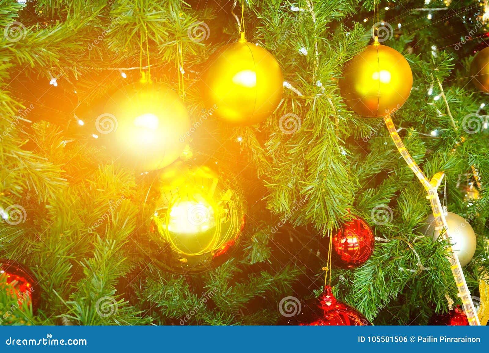Decorated Christmas Fir Tree with Flares Stock Photo - Image of ...