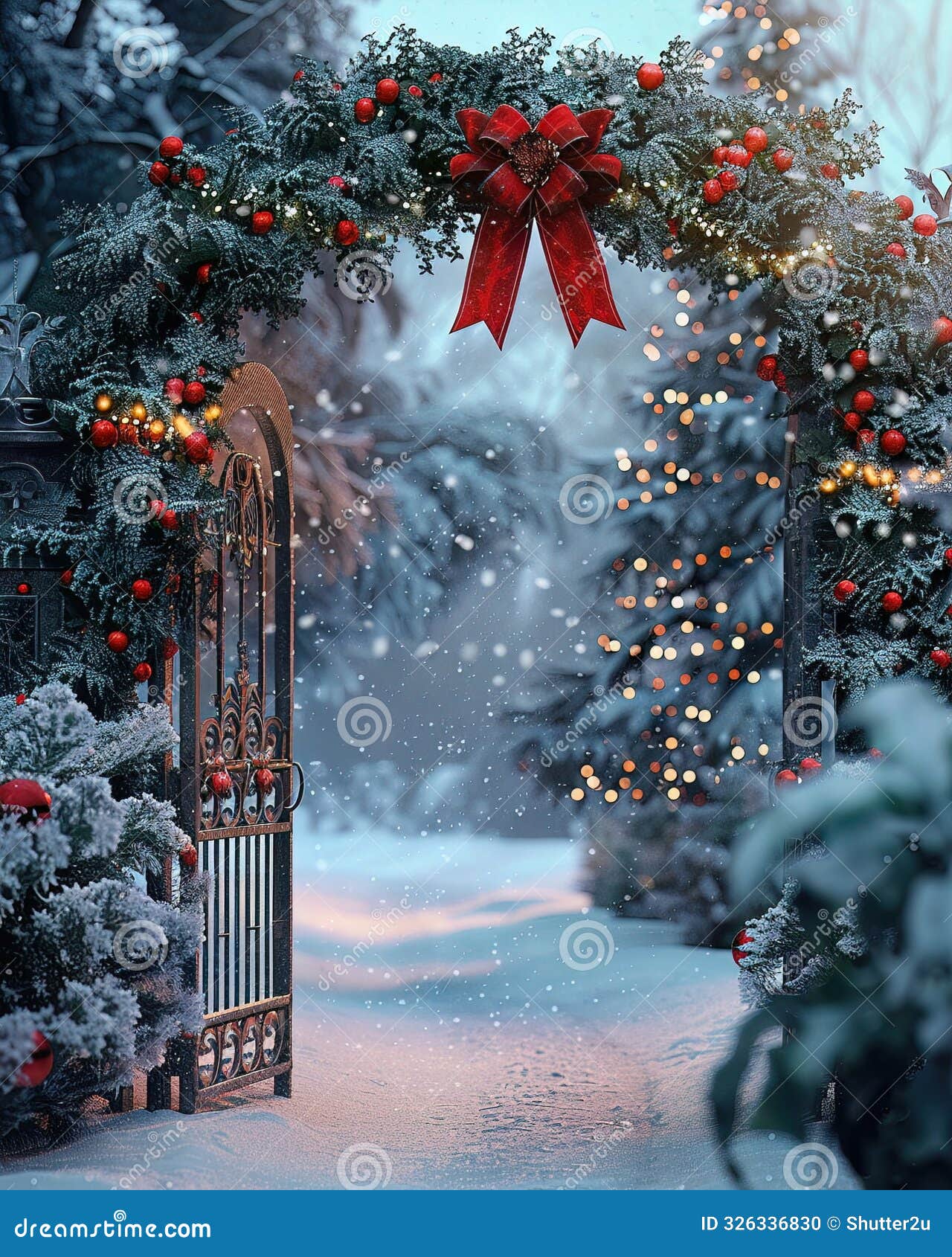 A Decorated Christmas Gate with a Bow and Garlands Leading To a Snowy ...