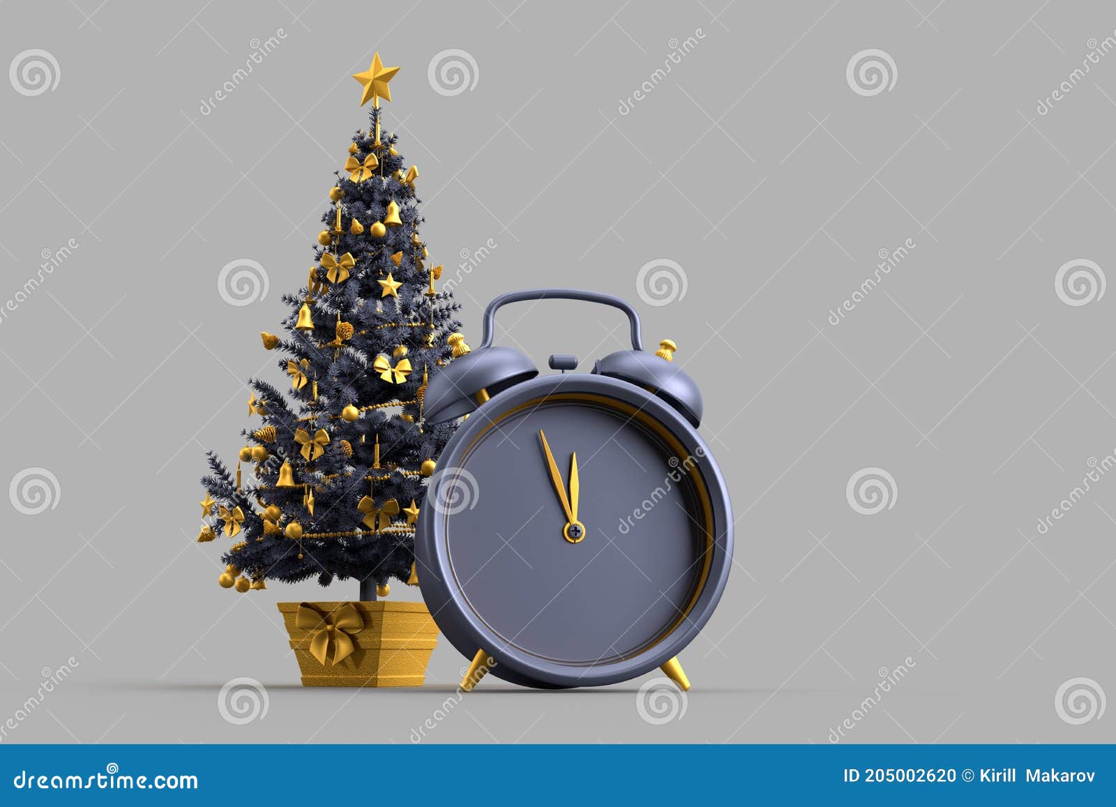 Decorated Christmas Tree and Alarm Clock. 3D Rendering Stock ...