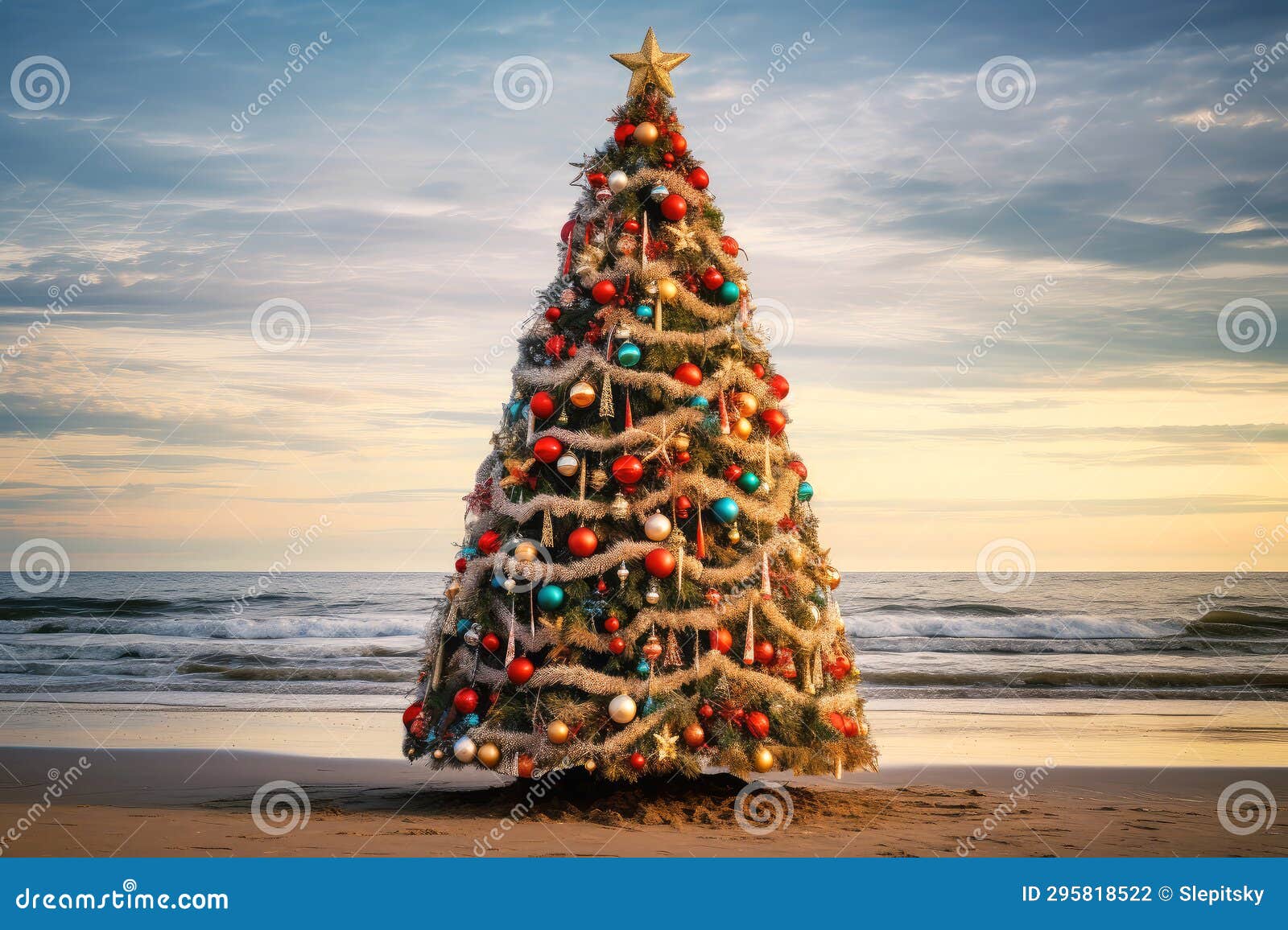 Decorated Christmas Tree on the Beach Near the Ocean Stock Photo ...