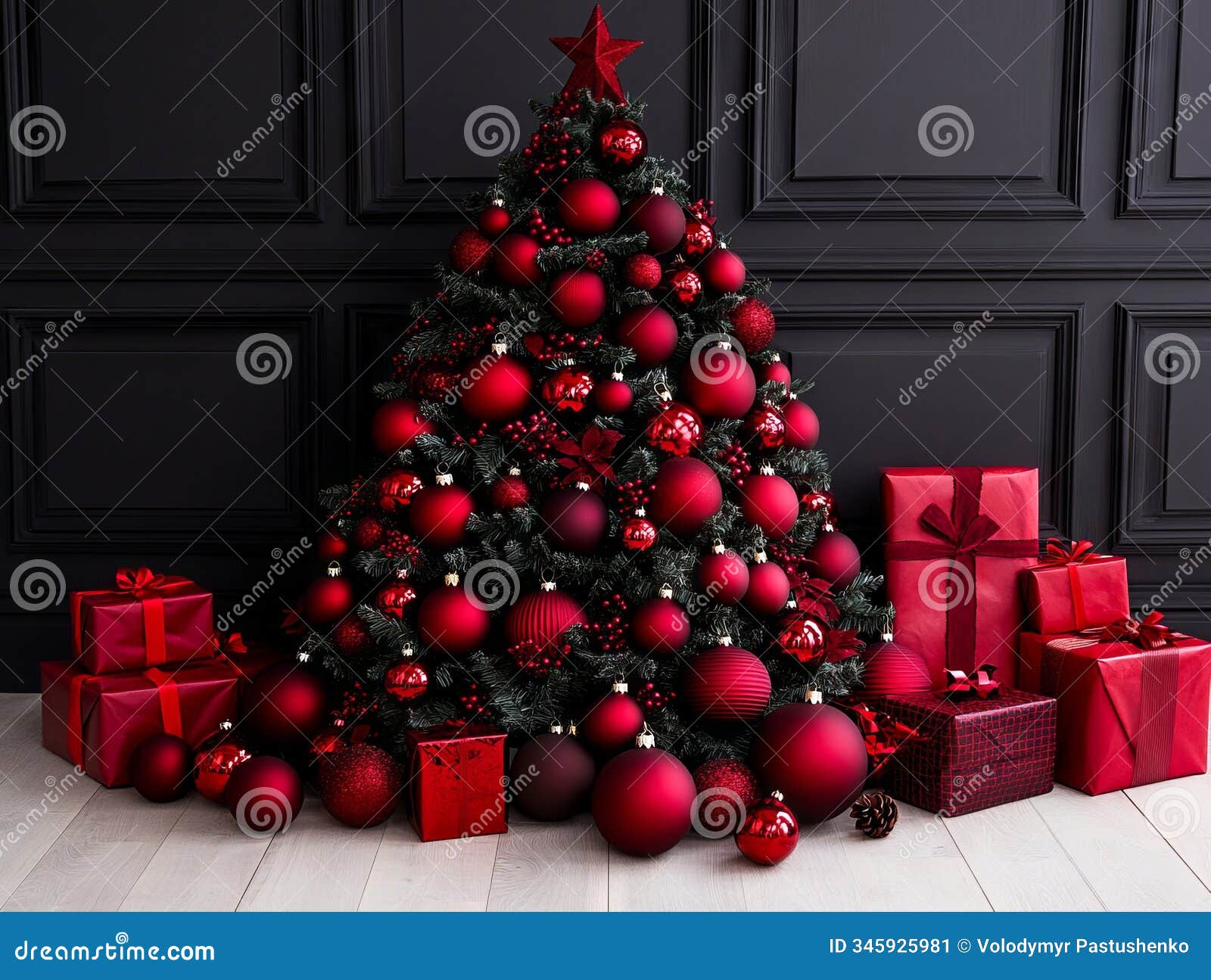 A Decorated Christmas Tree with Red Ornaments and Presents Under it ...