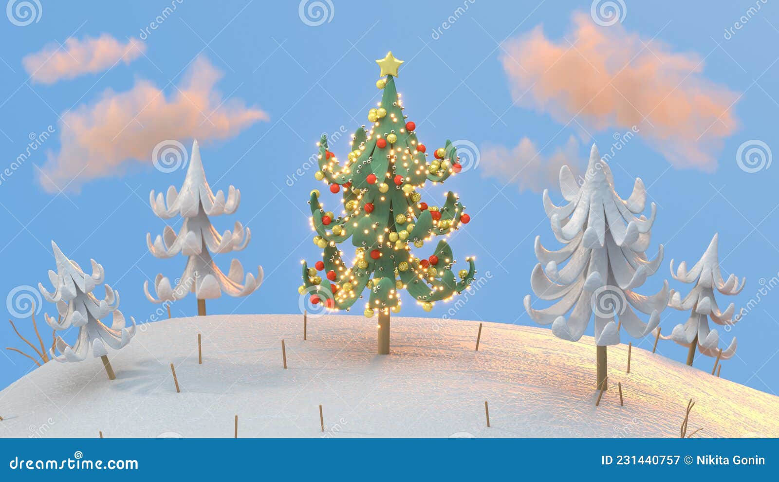 Decorated Christmas Tree on Tiny Planet 3D Render Stock Illustration ...