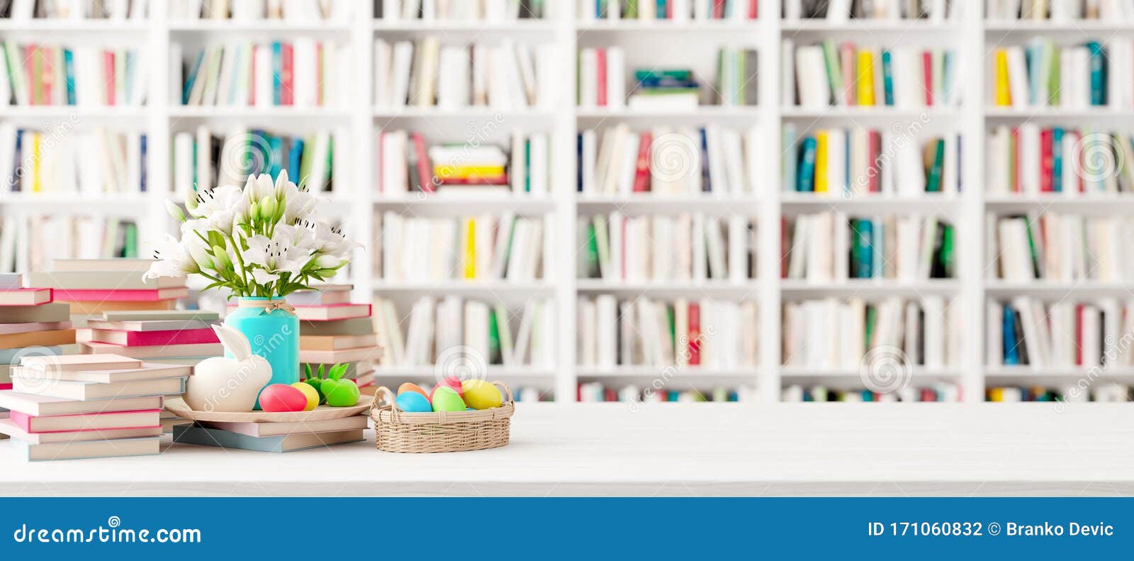 Decorated Easter Eggs on Bookshelf in the Library with Colorful Books ...