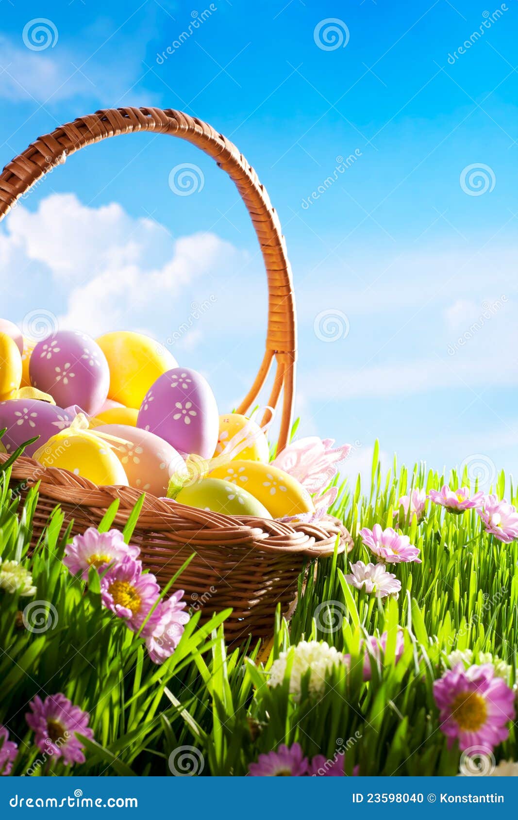 Decorated Easter Eggs in Grass Flowers Stock Photo - Image of concept ...