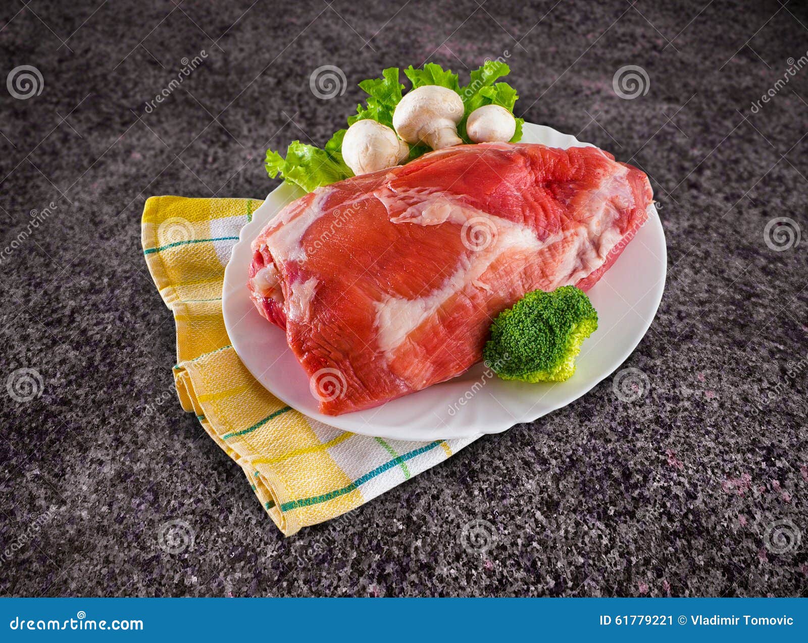 Decorated Fresh Raw Meat - Ham with Mushrooms and Clipping Path Stock ...