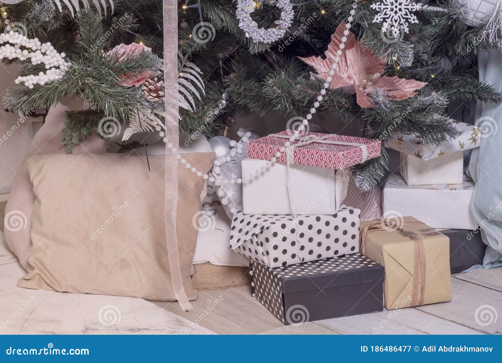 Decorated Gift Boxes Under Christmas Tree. Stock Image - Image of ...