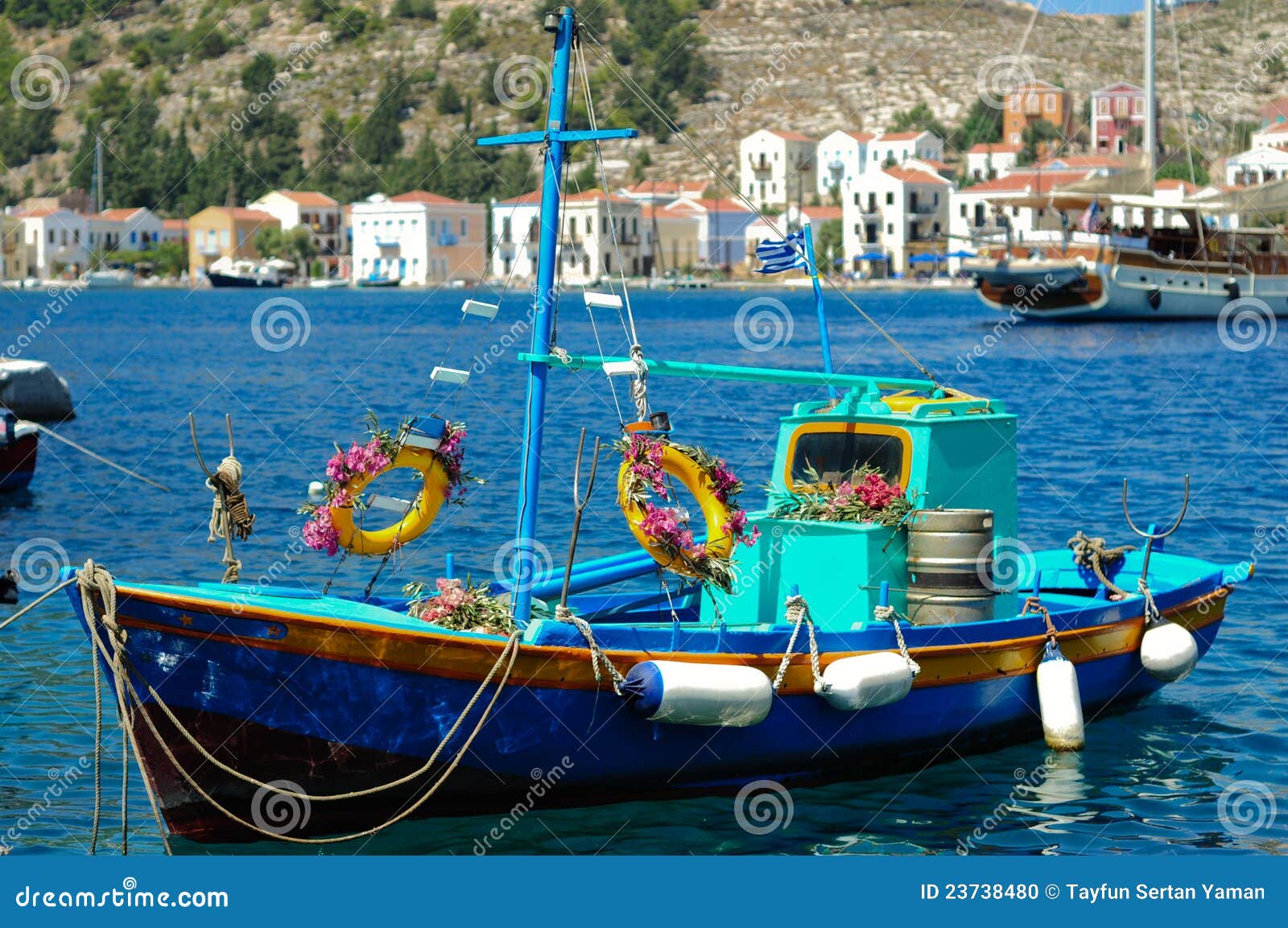 Decorated Greek Fishing Boat Stock Photo - Image of tourism, business ...