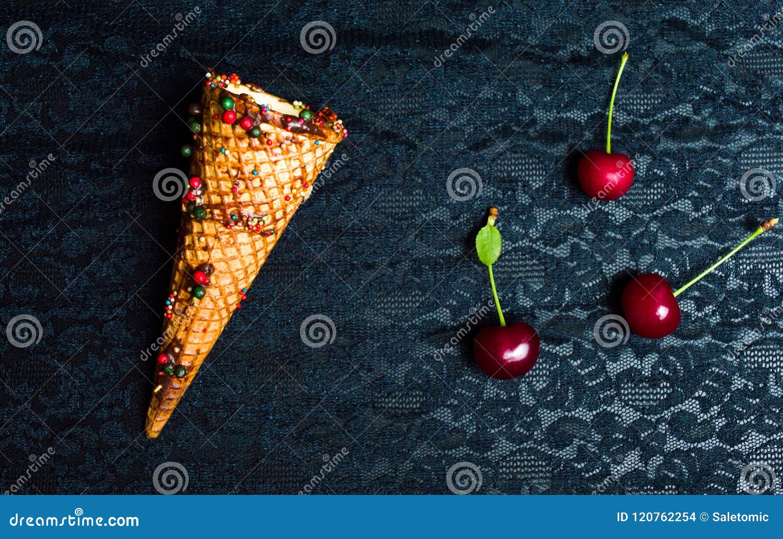 Decorated Ice Cream Cone with Cherries Stock Photo - Image of candy ...