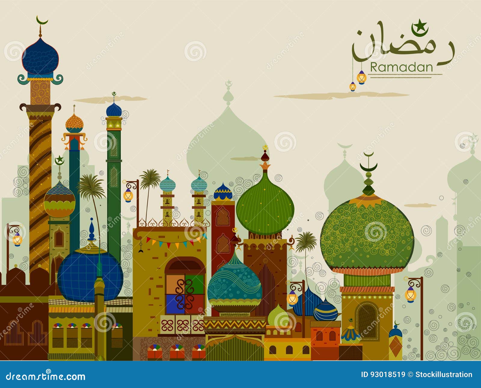 Decorated Mosque In Eid Mubarak Happy Eid Ramadan Background Vector ...