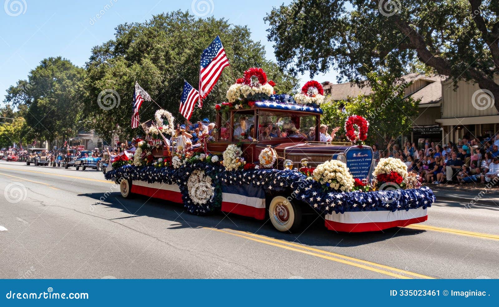 Decorated Parade Float with American Flags and Flowers Stock ...