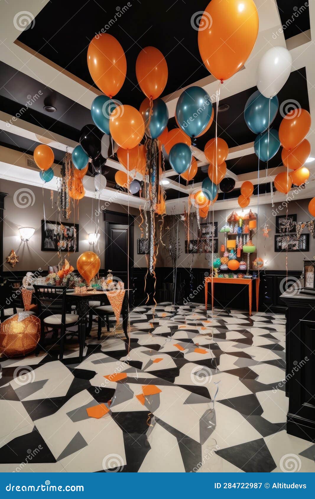 Decorated Party Room with Balloons and Streamers Stock Illustration ...