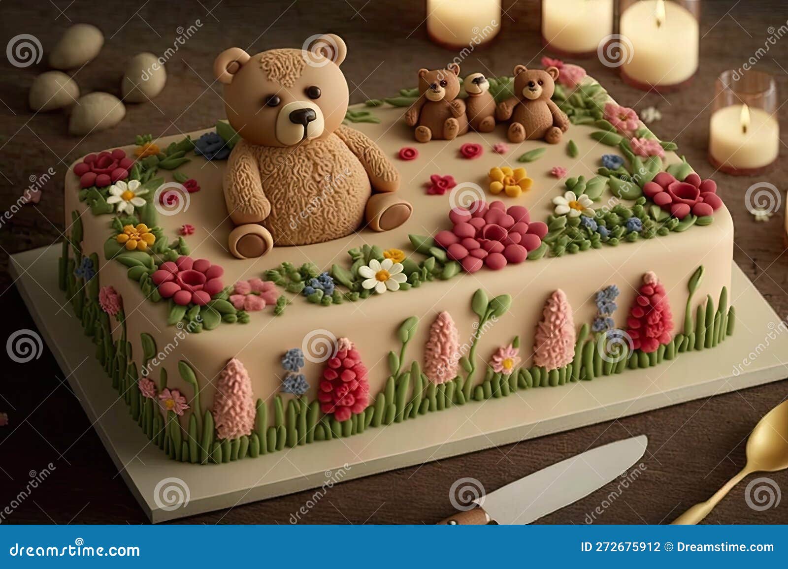 Decorated Rectangular Birthday Cake with Bear Candles and Flowers Stock ...