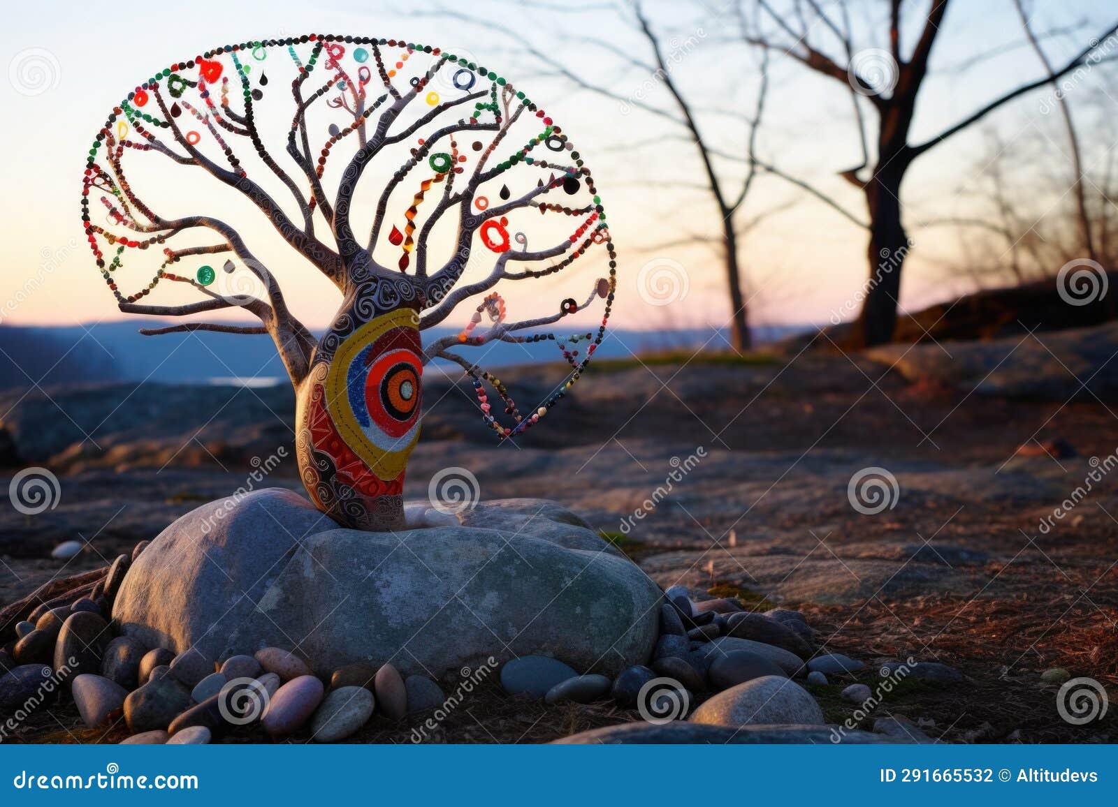 A Decorated Solstice Tree with Painted Rock Circle beside it Stock ...