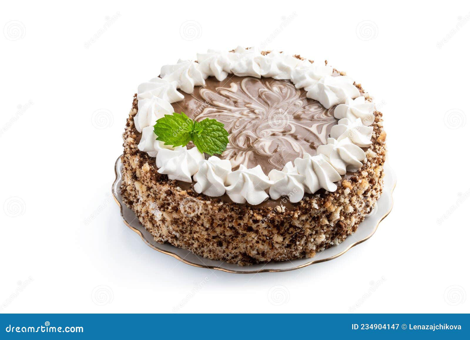 Decorated Sponge Cake with Mint Leaves with Walnuts Isolated on White ...