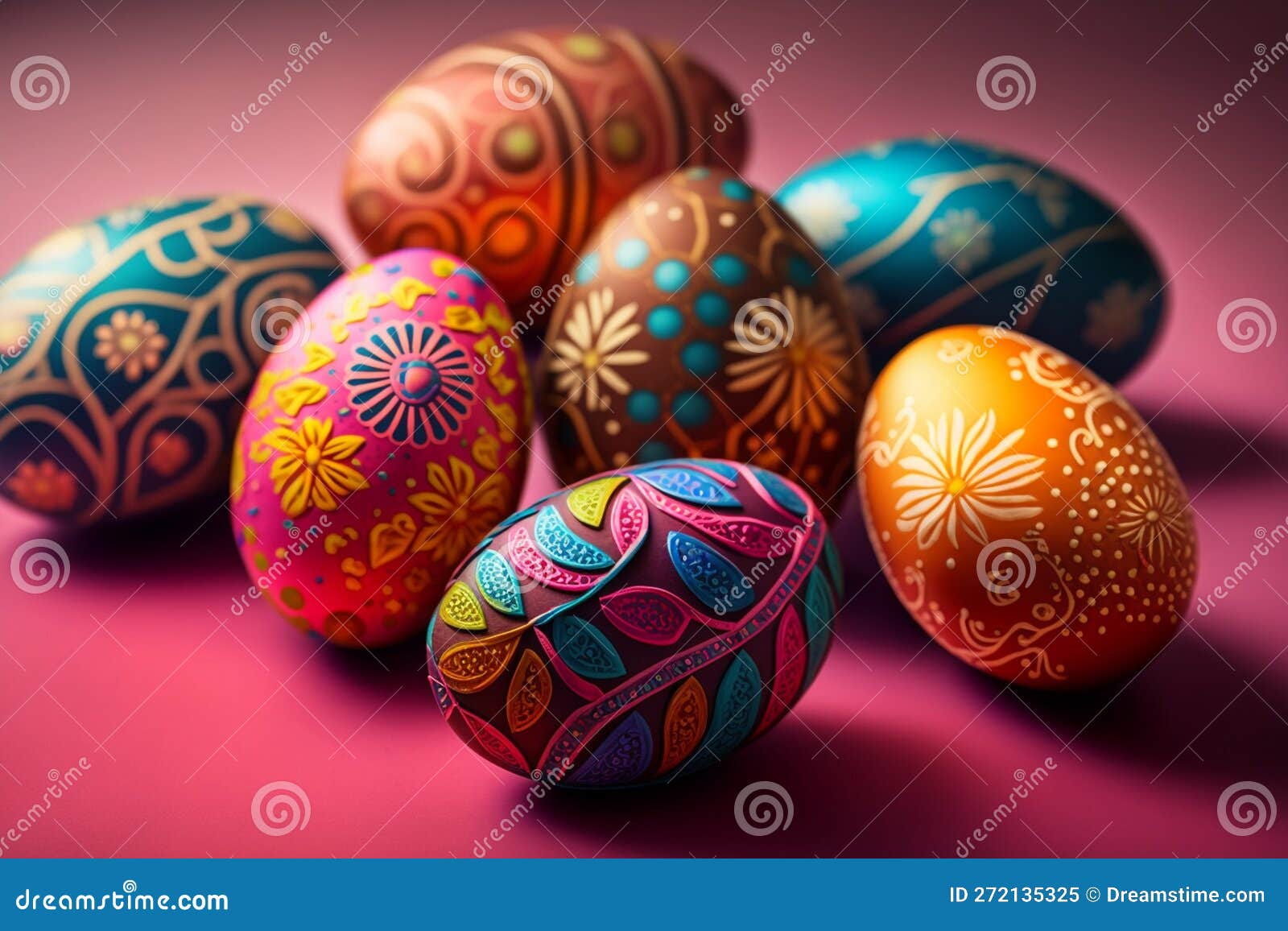 Decorated Vibrantly Easter Eggs, on the Pink Background Stock ...