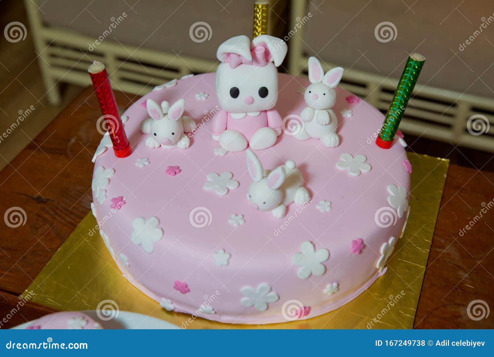 Decorated with White Flower Cream. Four Pink Rabbit Cakes Stock Photo ...