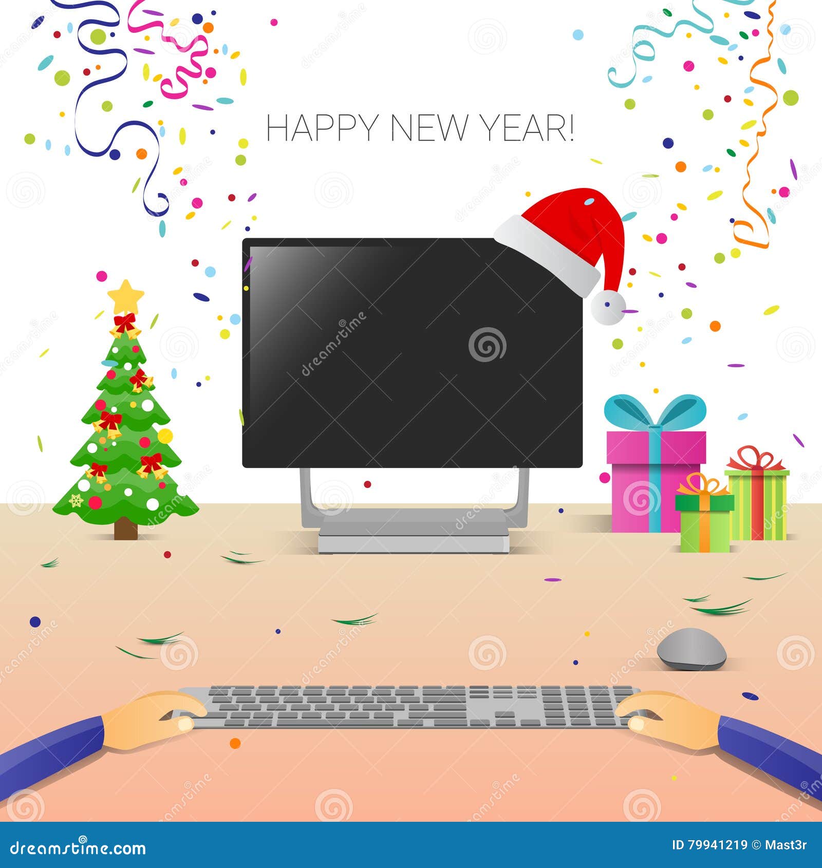Decorated Workplace Computer Hands Using Typing Happy New Year Internet ...