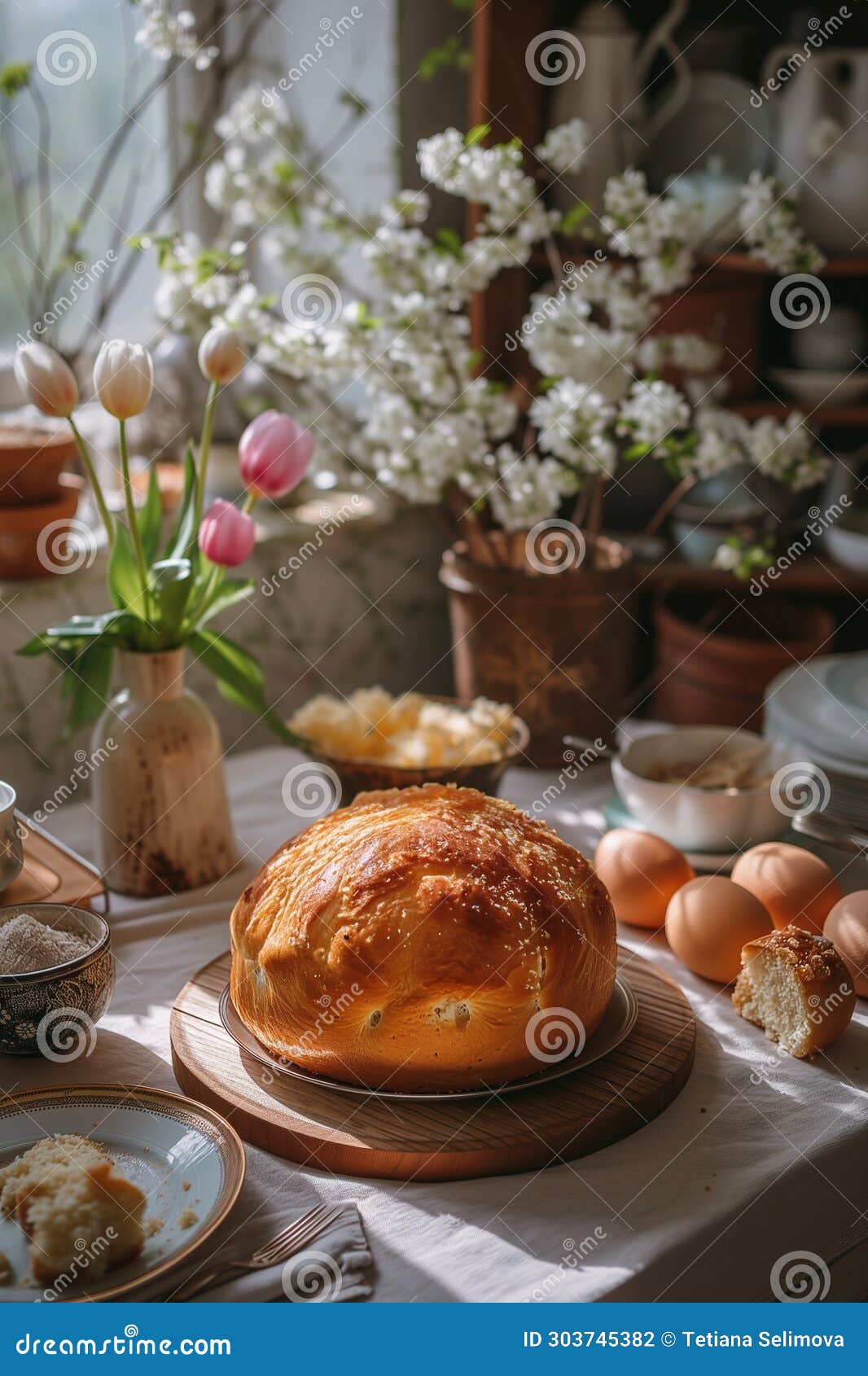 Decorated Yeast Bread with Spring Bouquets and Vibrant Eggs on Wooden ...
