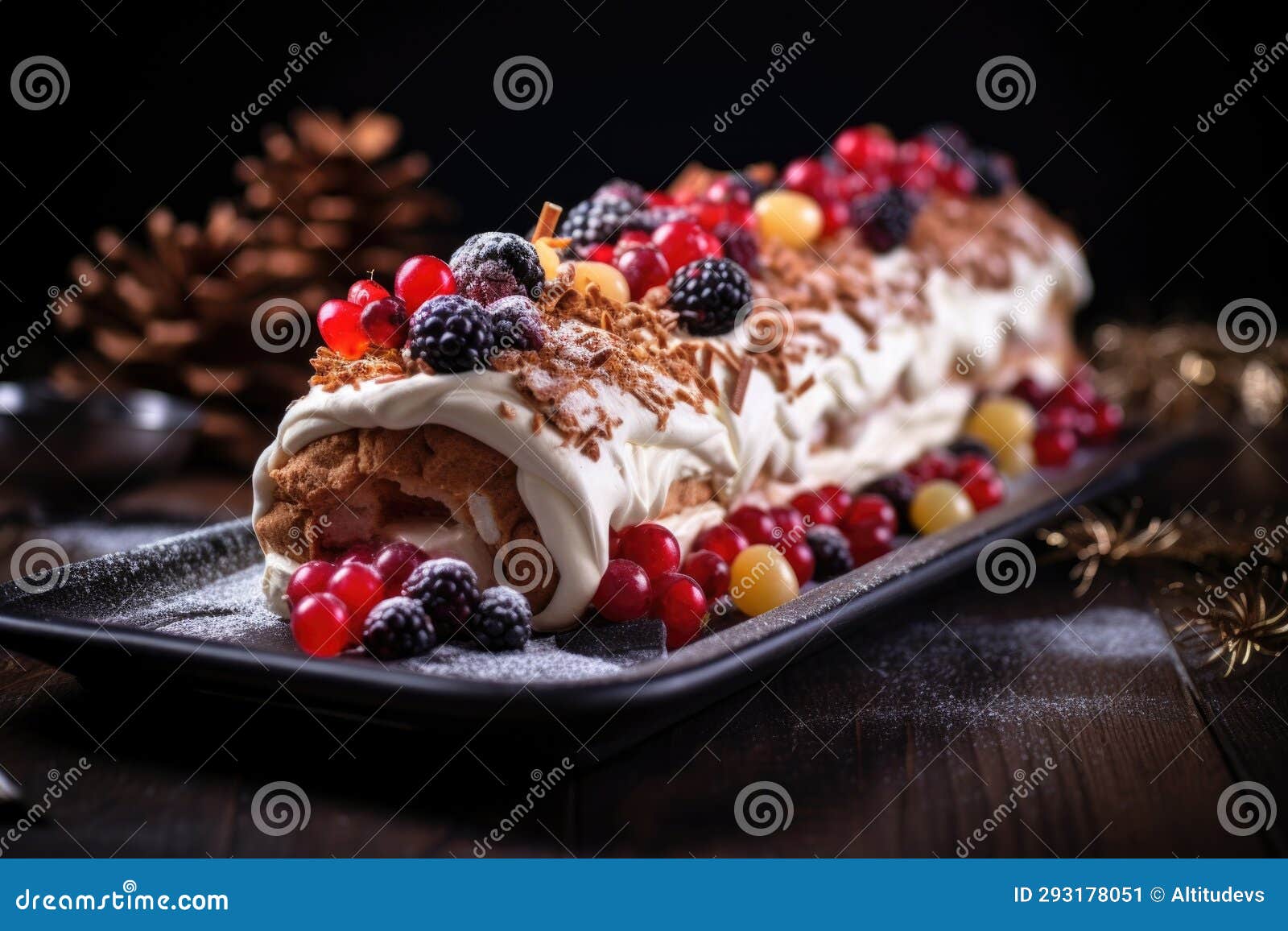 Decorated Yule Log Dessert Ready To Serve Stock Image - Image of ...