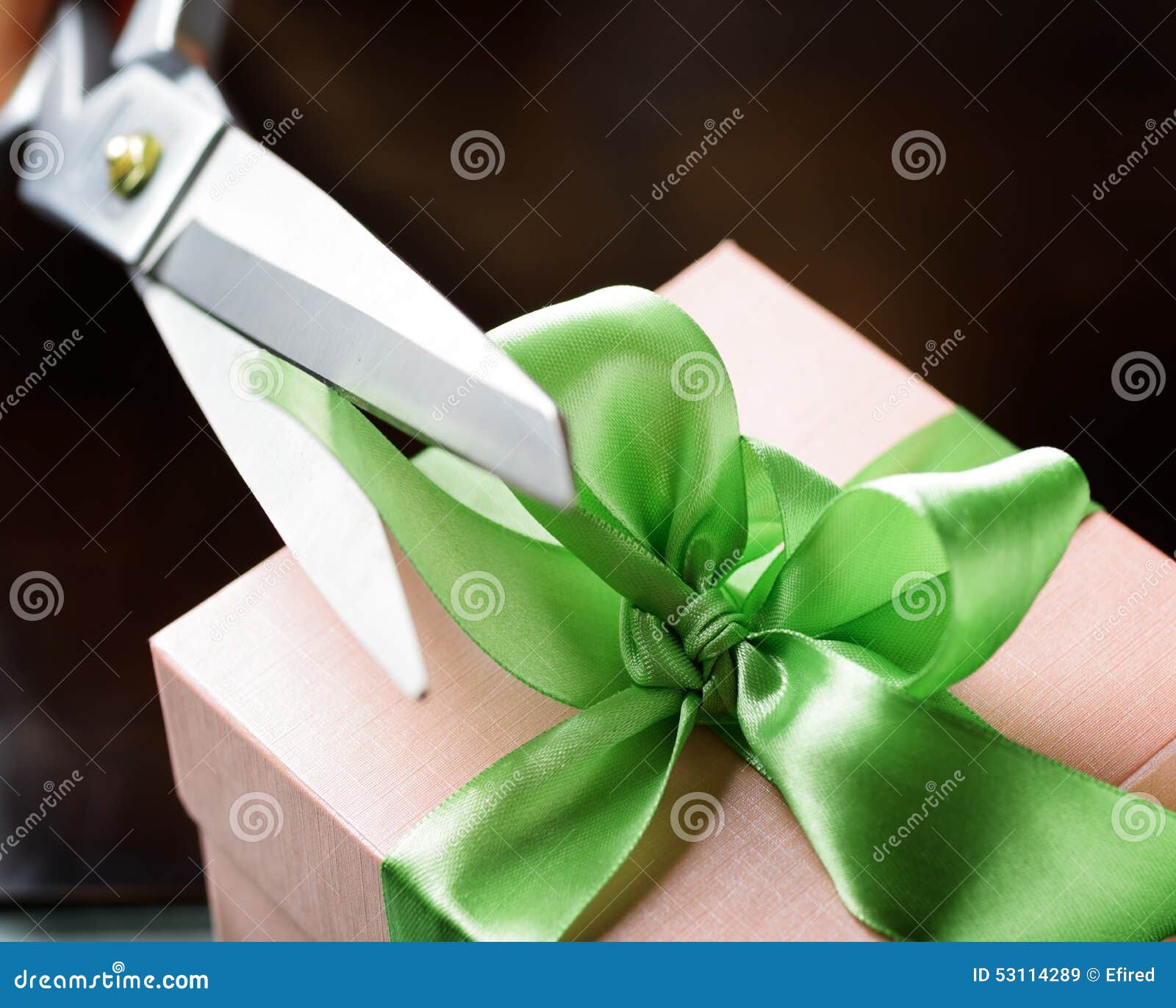 Decorating Gift Box with Green Ribbon Using Scissor Stock Image - Image ...