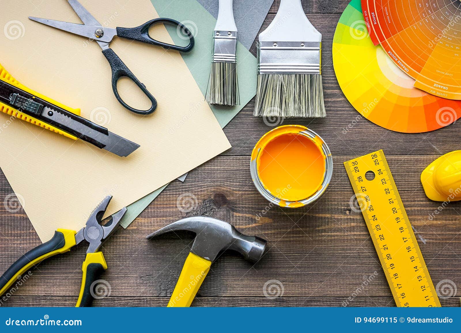 Decorating and House Renovation Tools and Accessories on Wooden Table ...