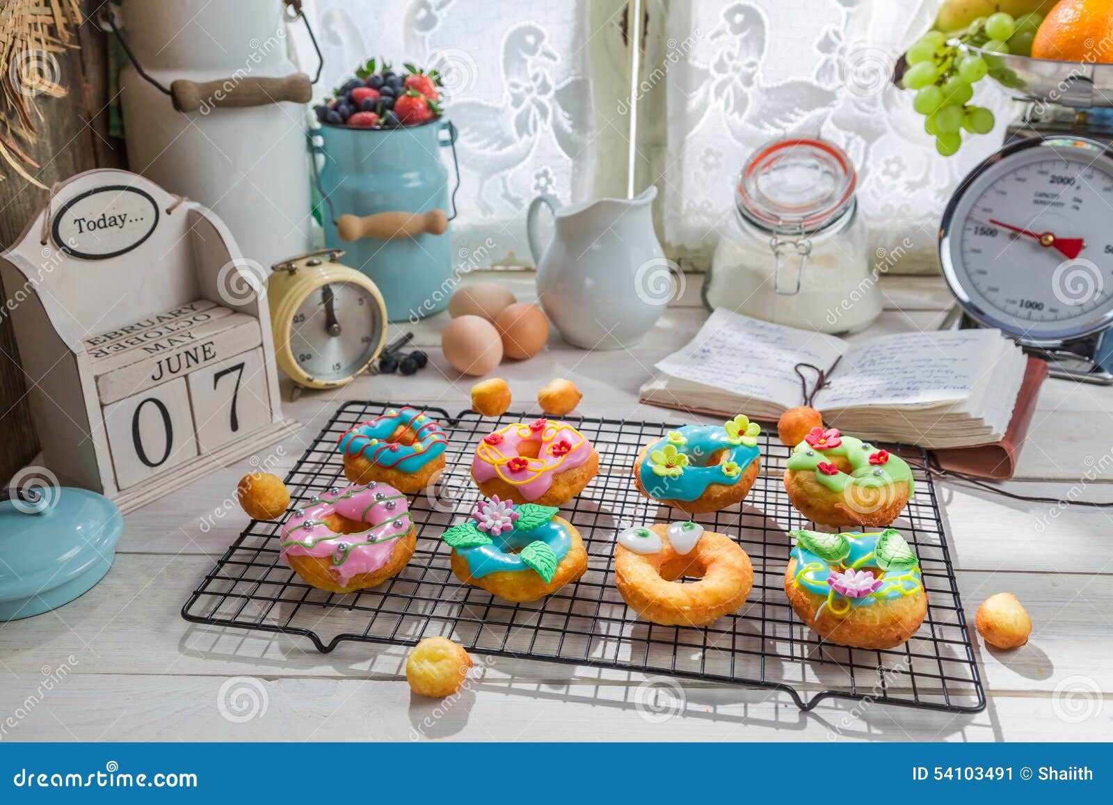 Decorating Sweet Donuts in the Rustic Kitchen Stock Image - Image of ...