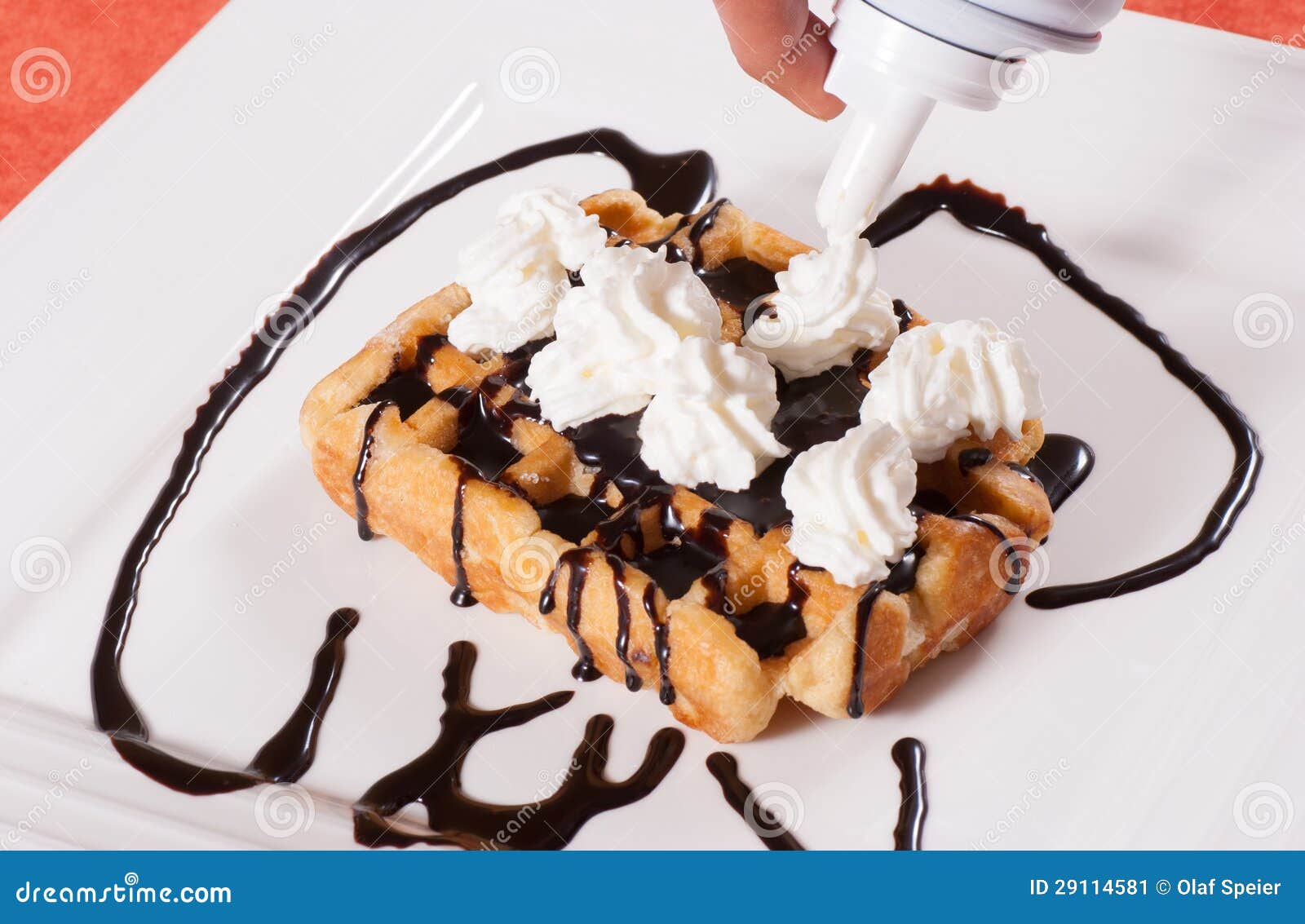 Decorating a Waffle with Cream Stock Image - Image of chocolate, syrup ...