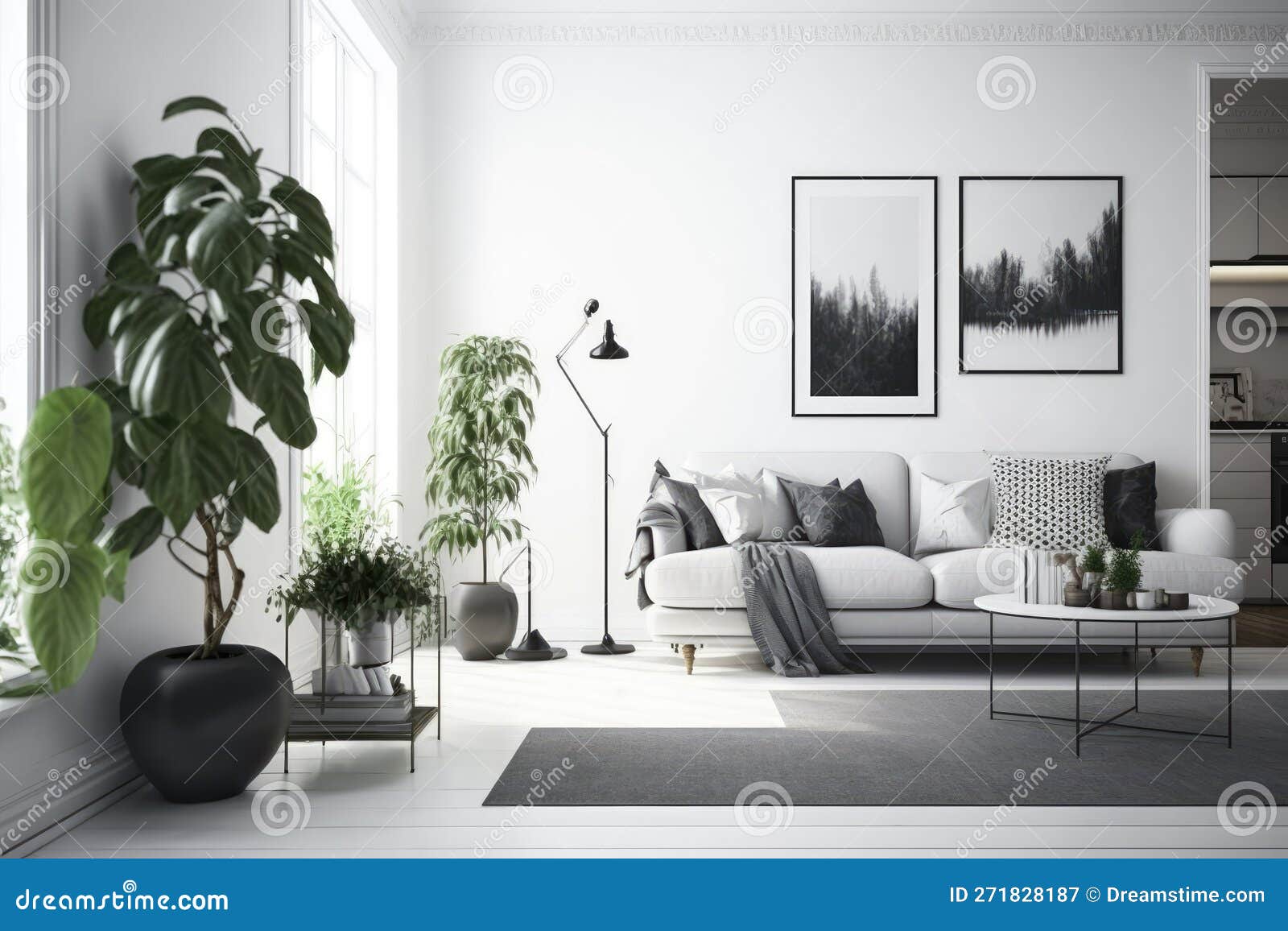 Decorating a White Walled Living Room with a Sofa and Decorations Stock ...