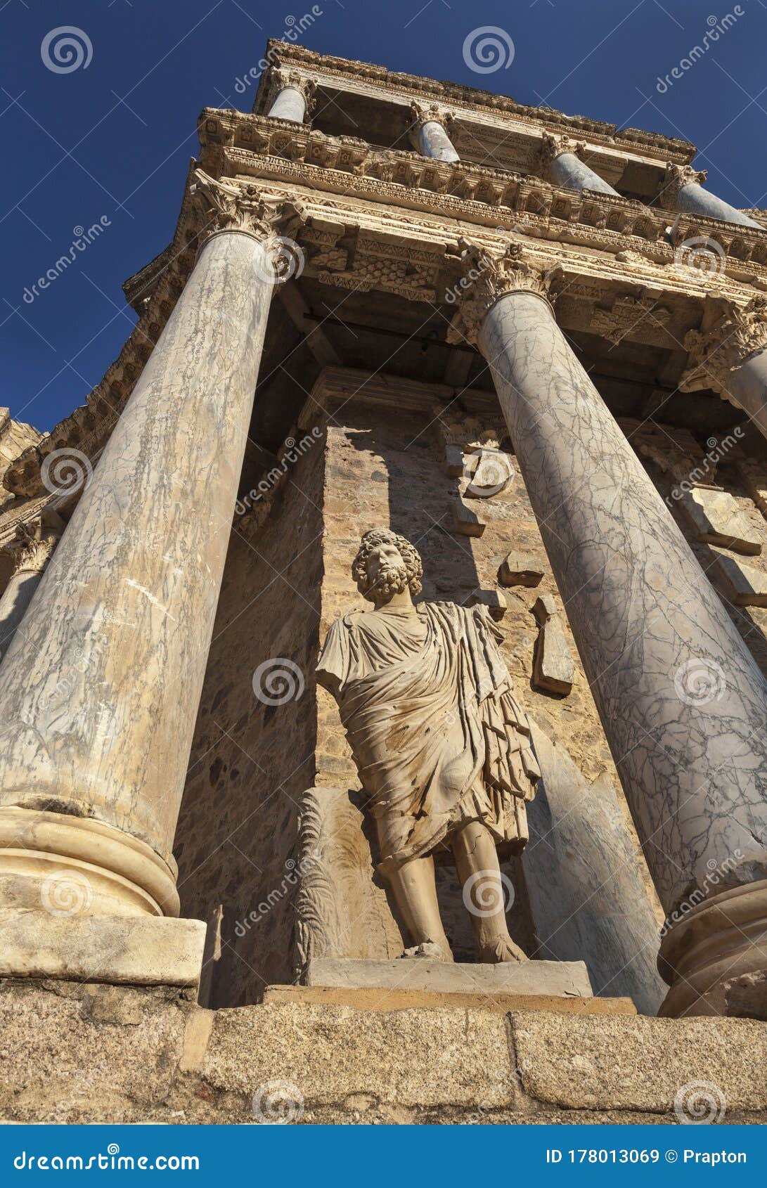 Columns and Statue at the Proscenium of the Roman Theater of Merida ...