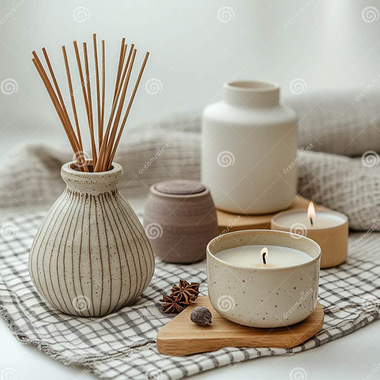 Decorative Aroma Goods Arranged with Candles and Diffusers, Creating a Soothing Atmosphere Stock ...