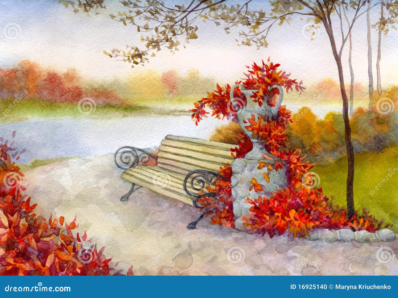 Decorative Bench in Autumn Park Stock Illustration - Illustration of ...