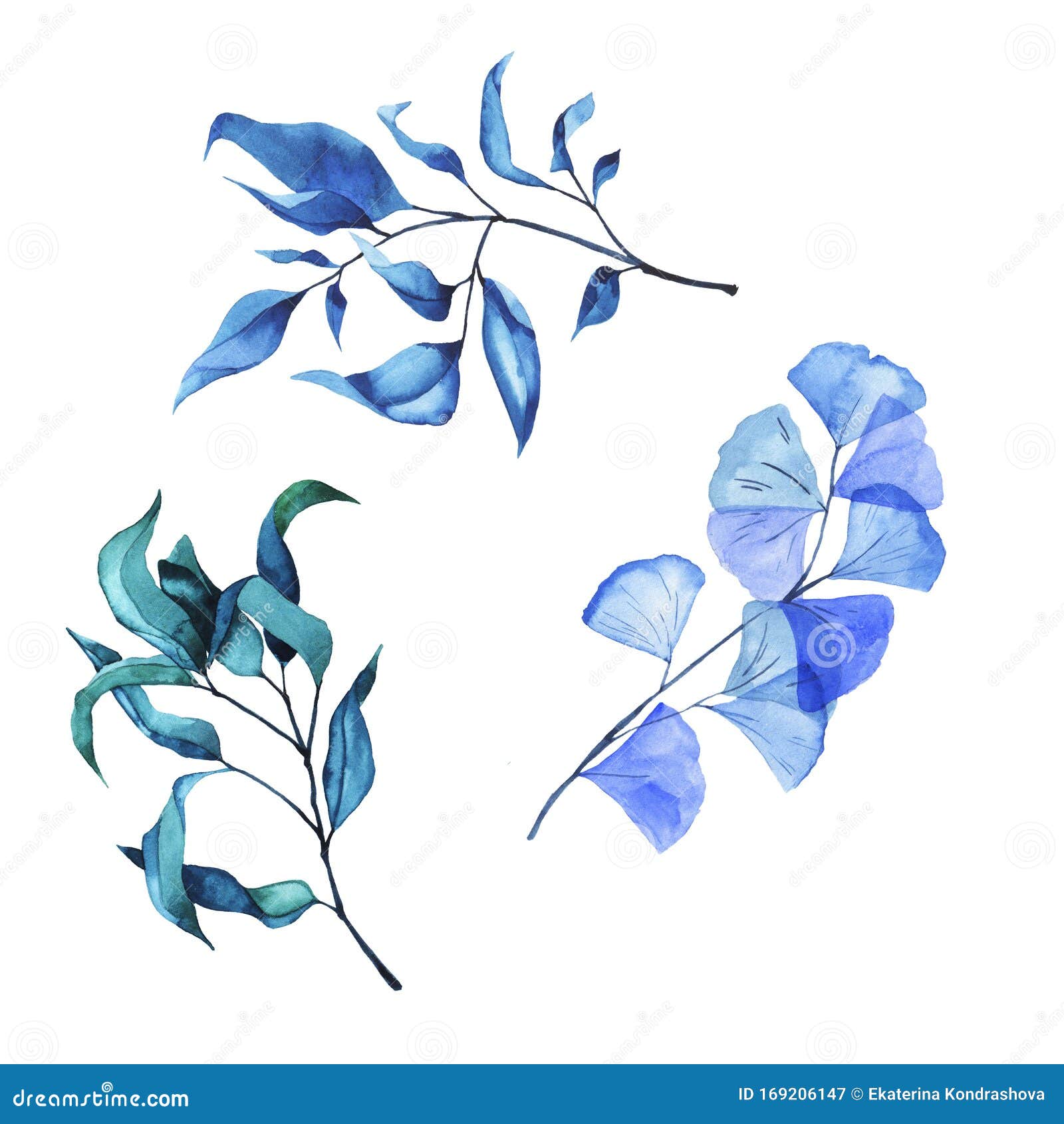 Decorative Blue Tree Branches. Watercolor Illustration. Stock ...