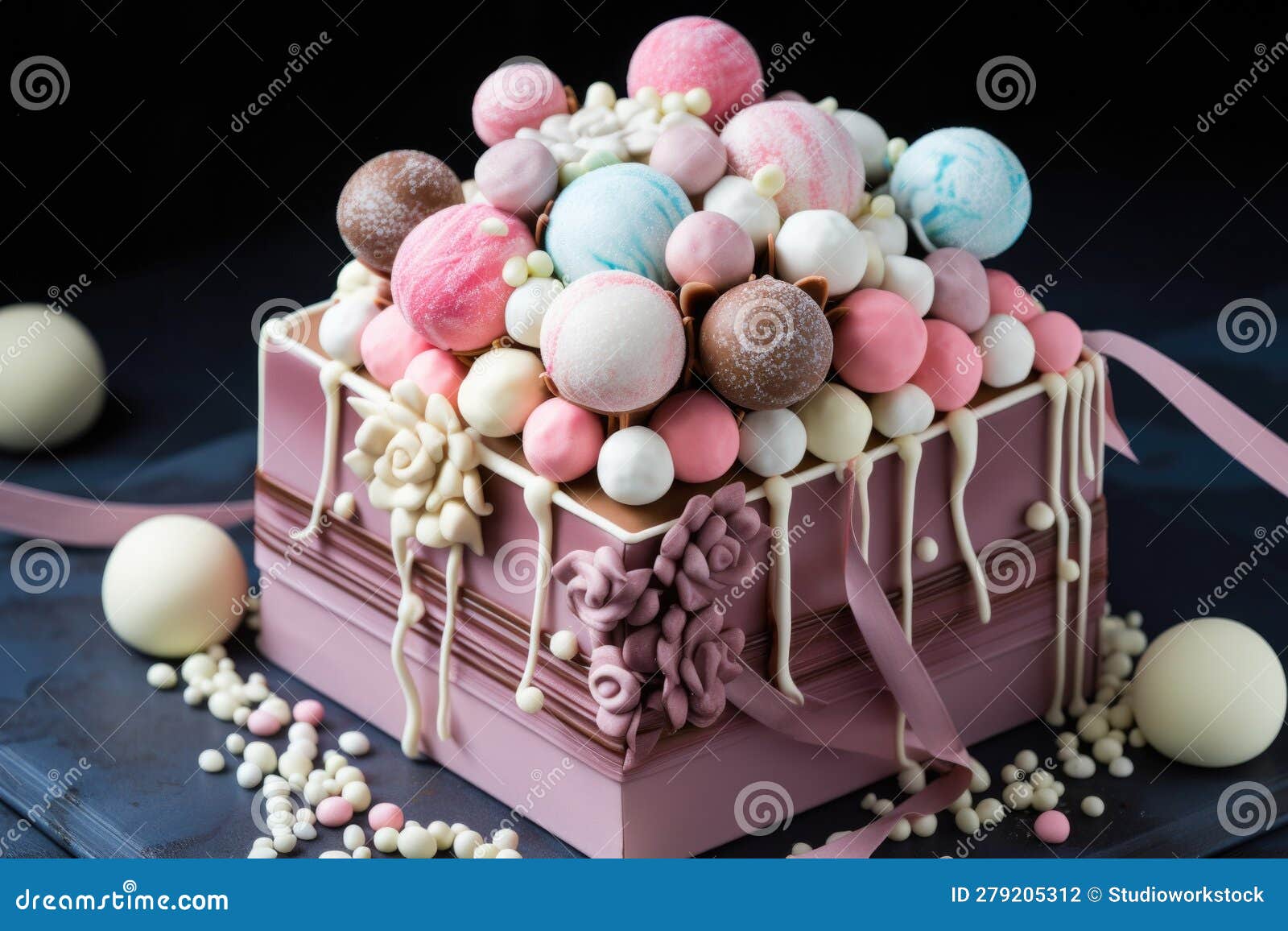 Decorative Cake in the Shape of a Gift Box Overflowing with Cake Pops ...