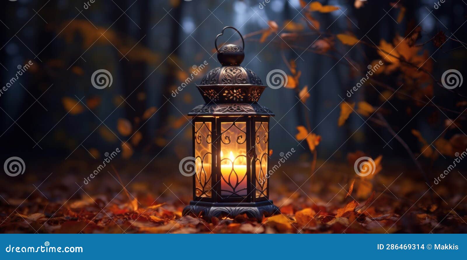 Decorative Candle Lantern in the Ground with Fallen Autumn Leaves ...