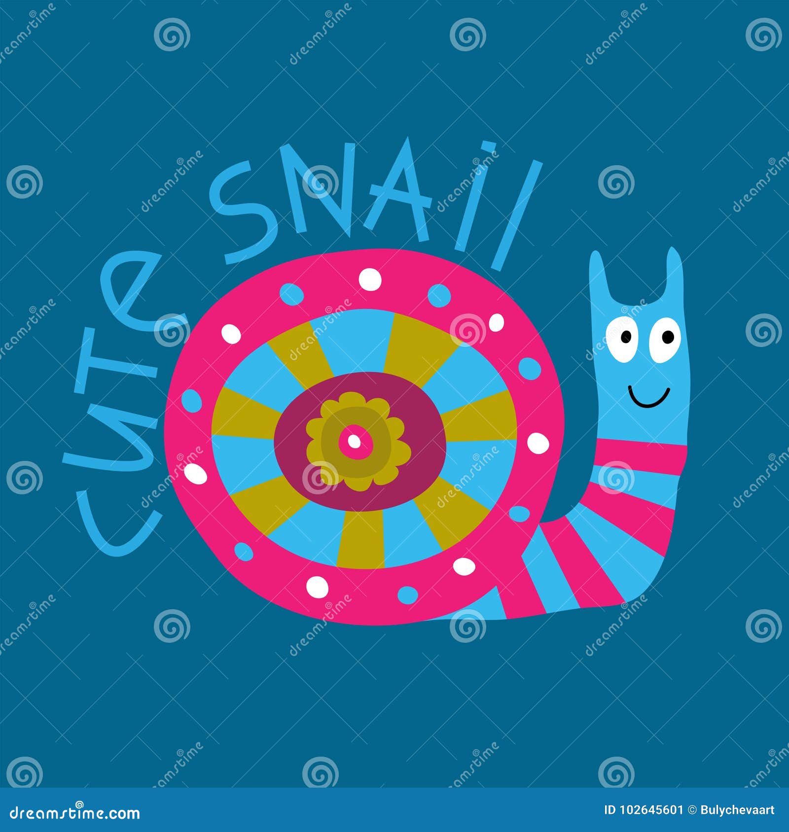 Decorative Card with Cute Stylized Snail on Blue Background Stock ...