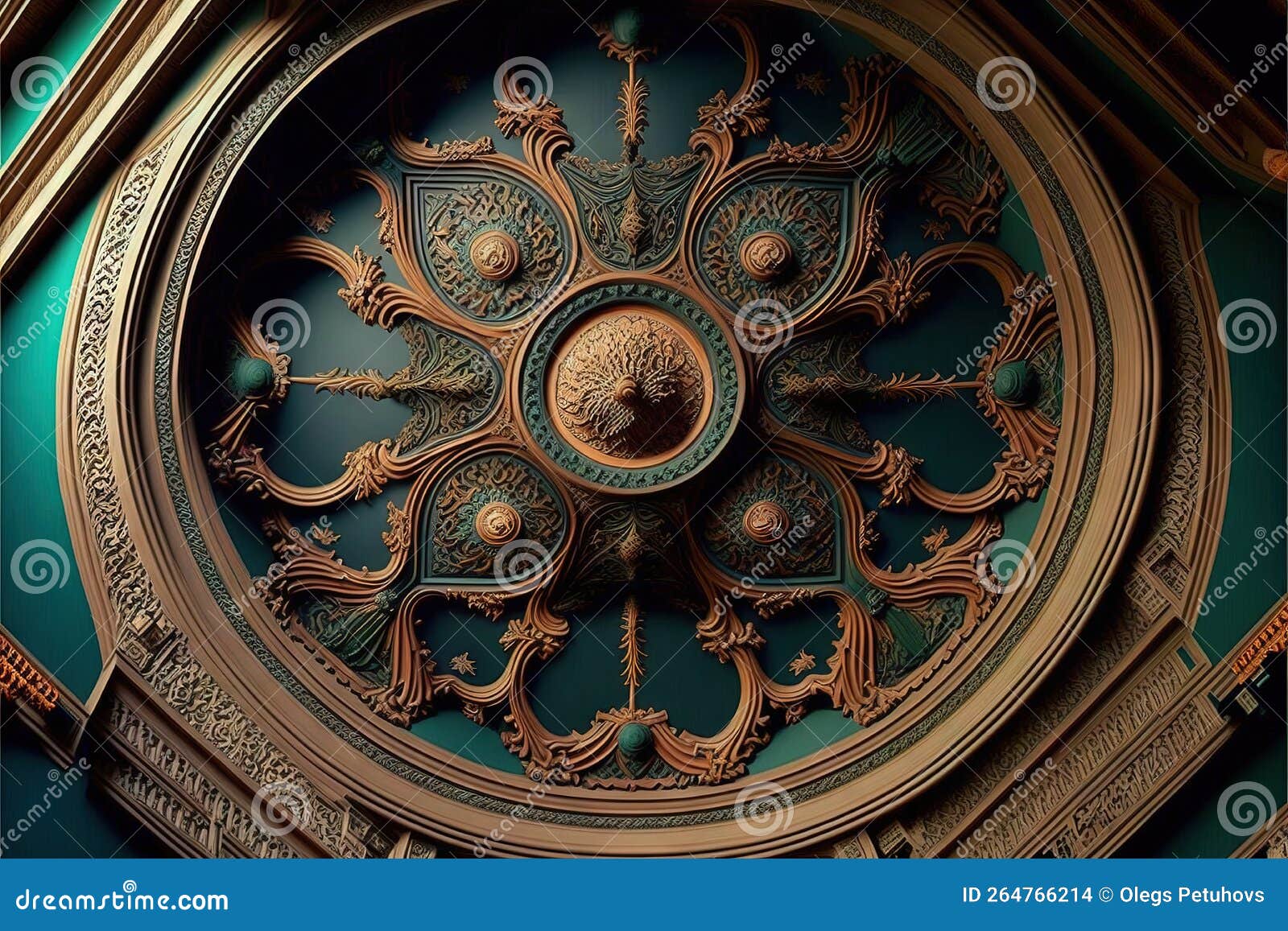 A Decorative Ceiling with a Circular Design on it S Side and a Clock on ...