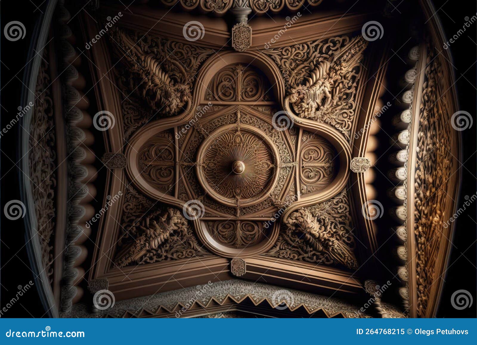 A Decorative Ceiling with a Clock in the Center of it and a Curtain in ...