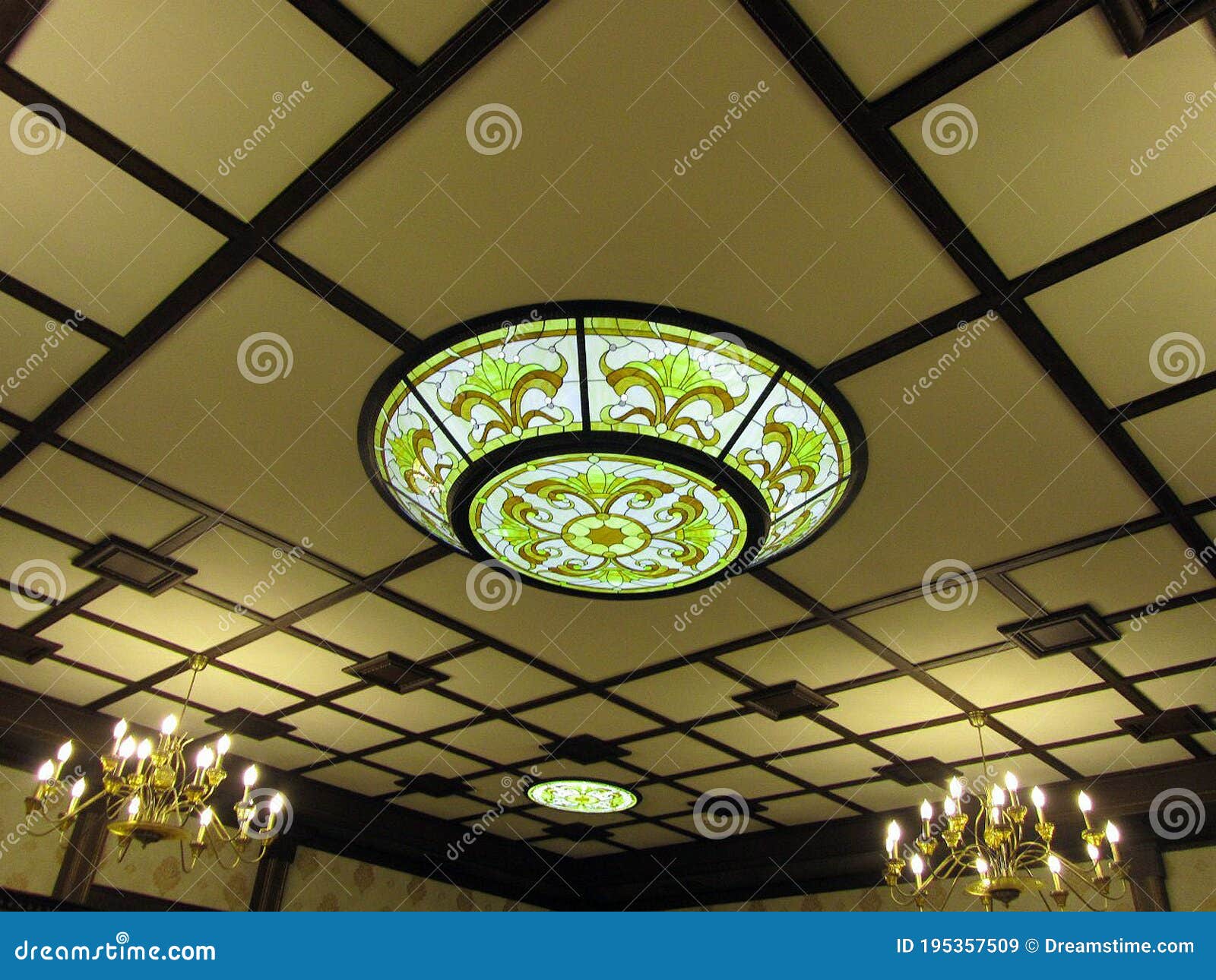 Decorative Ceiling with Lighted Chandeliers Stock Image - Image of home ...