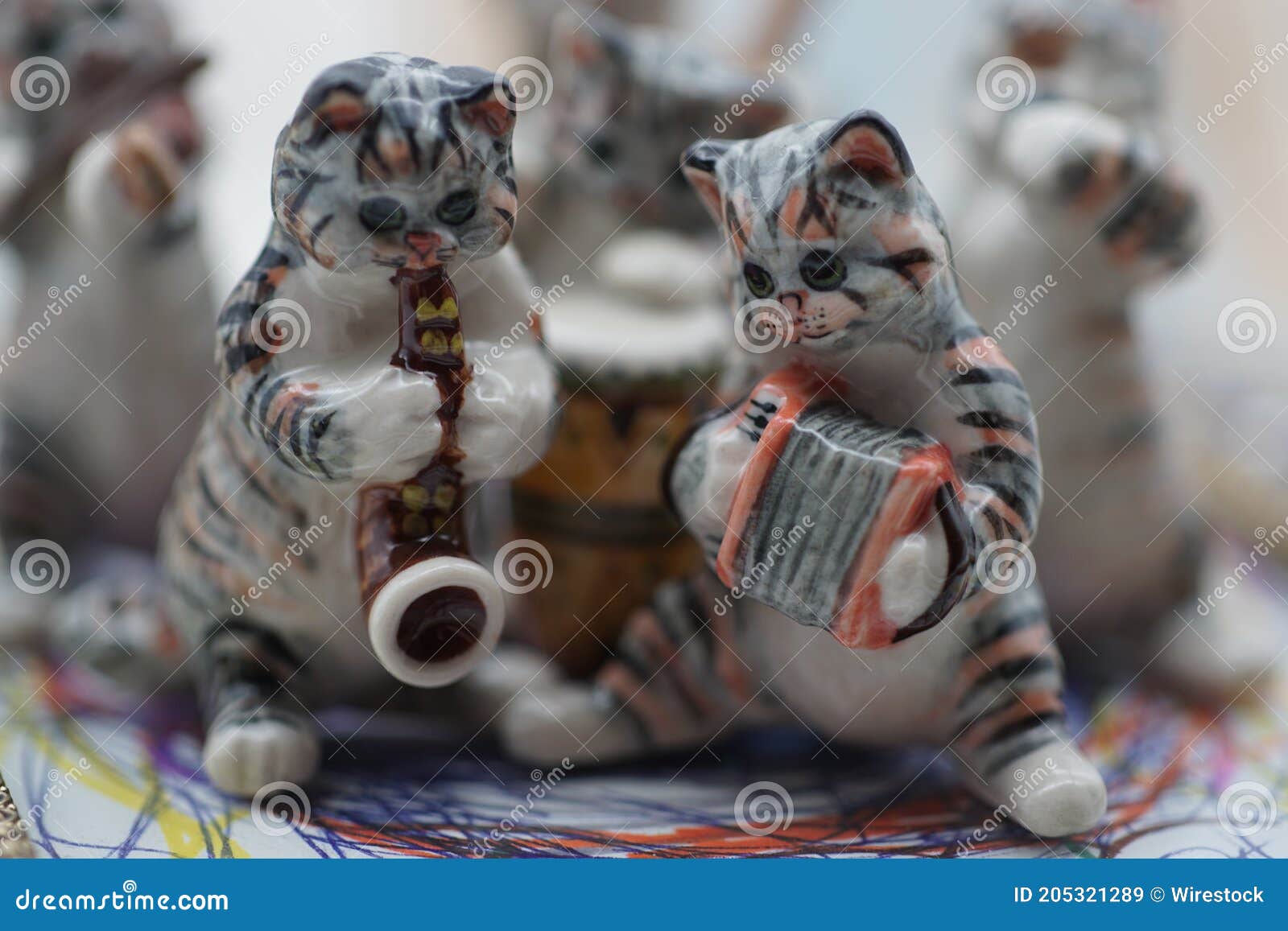 Decorative Ceramic Cat Figurines Playing Different Instruments Stock ...
