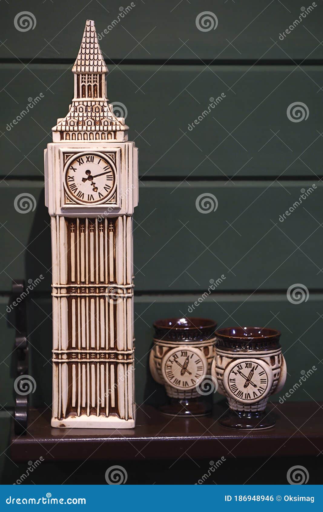 Decorative Ceramic Clock Tower and Cups in the Interior of Pub Stock ...