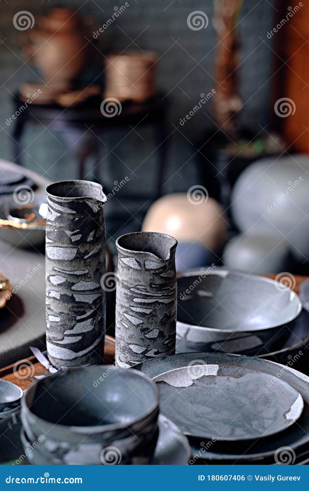 Decorative Ceramic Set in the Interior Home. Showcase of Handmade ...