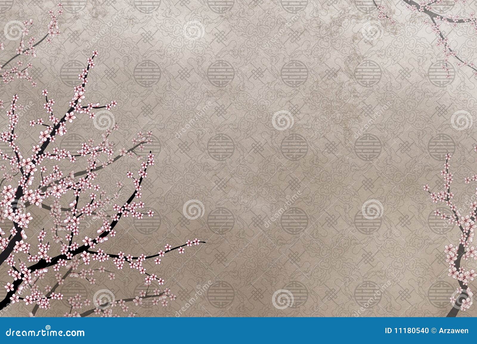 Decorative Cherry Tree and Chinese Pattern Filigre Stock Illustration ...