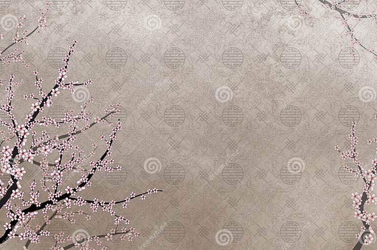 Decorative Cherry Tree and Chinese Pattern Filigre Stock Illustration ...