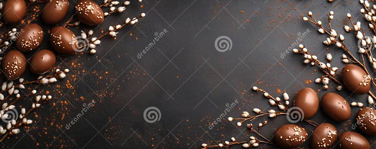 Chocolate Eggs and Decorative Twigs Arranged on a Dark Background for ...
