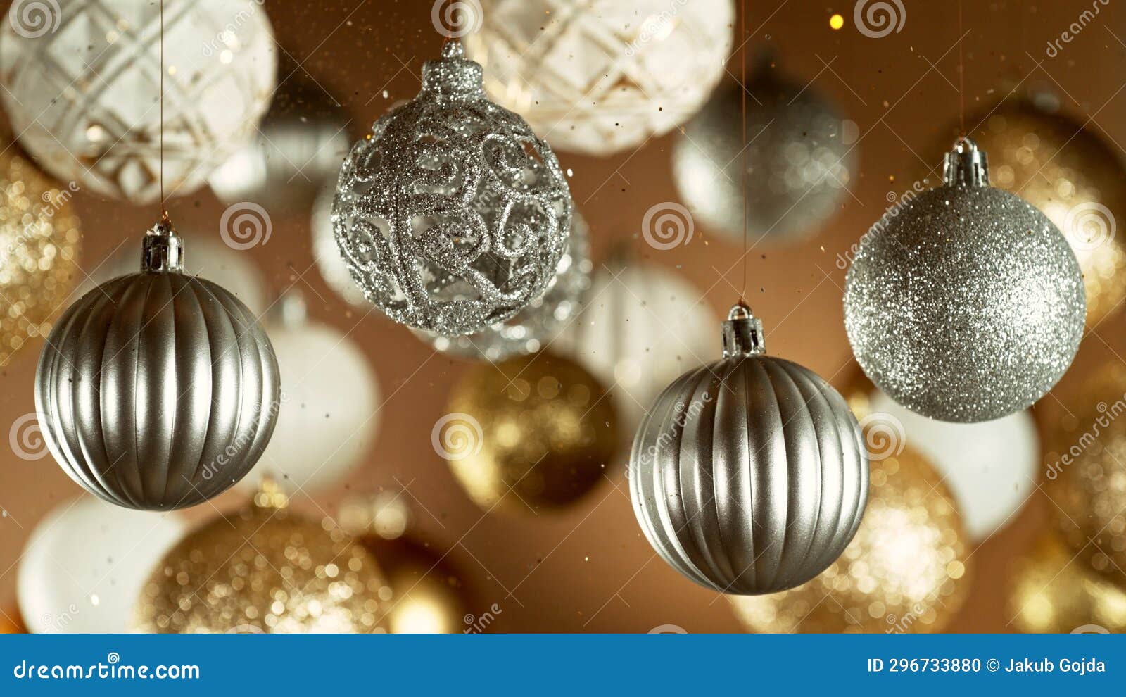 Decorative Christmas Balls Hanging Stock Photo - Image of snow, closeup ...