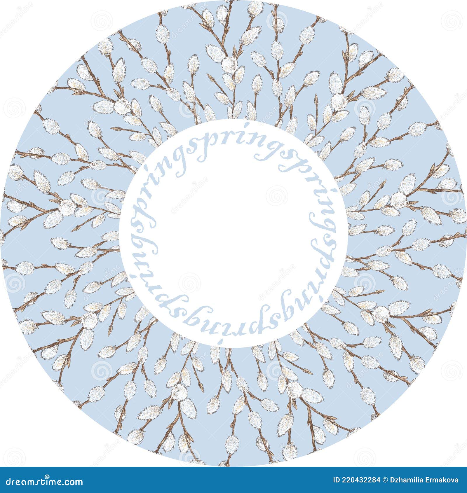 Decorative Circle Border from Drawn Spring Willow Branches with Fluffy ...