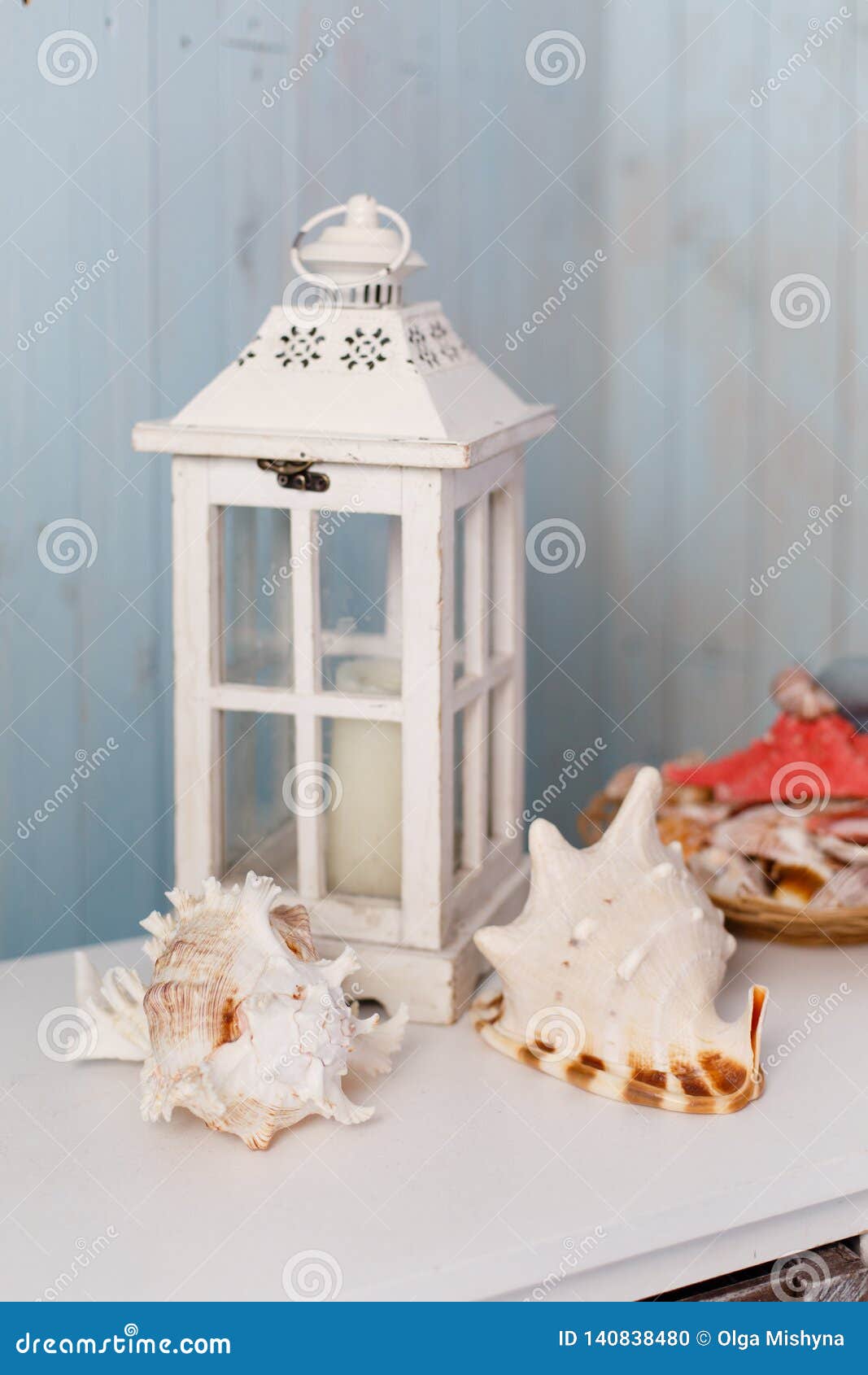 Lantern and seashells stock photo. Image of lantern - 140838480