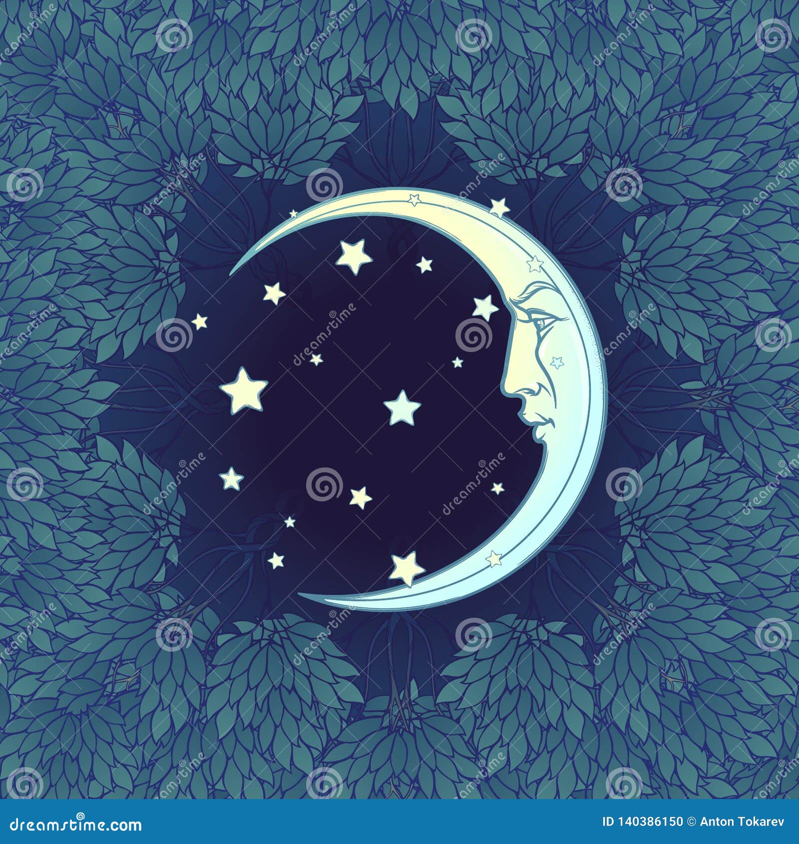 Decorative Composition with Stylized Human Faced Moon and Stars. Stock ...
